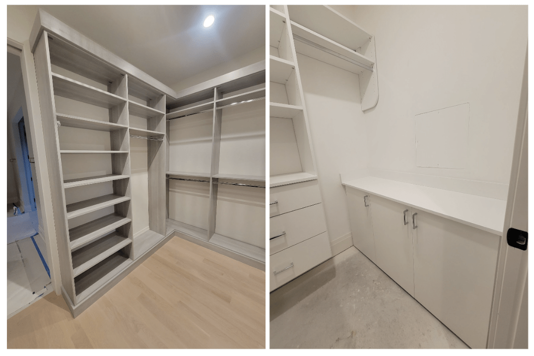 Two Custom Closets in White and River Rock - Chicagoland Home Products